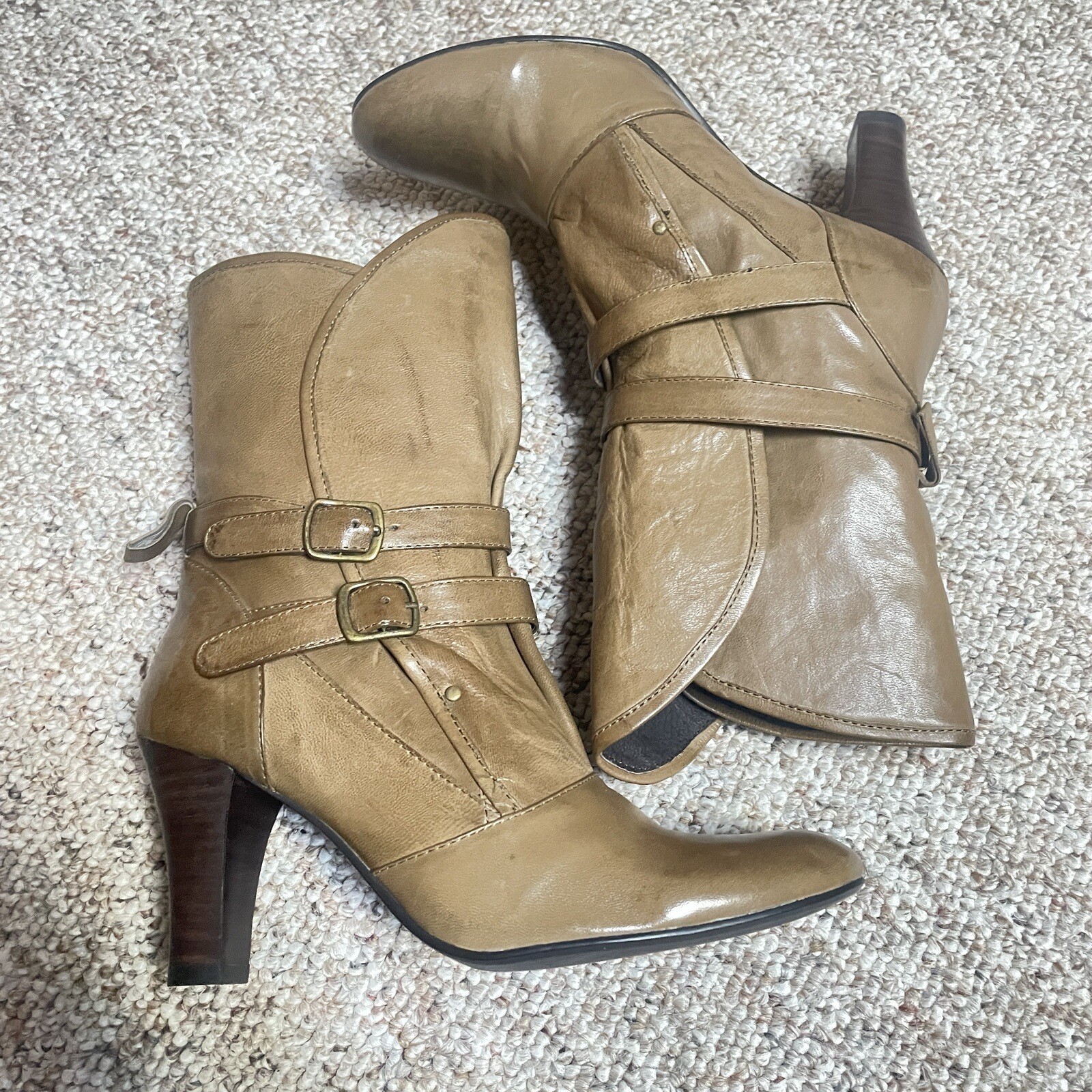 Women’s NEW Brown Leather Strappy 3” Stack Heel Ankle Fold Flap Boots ...