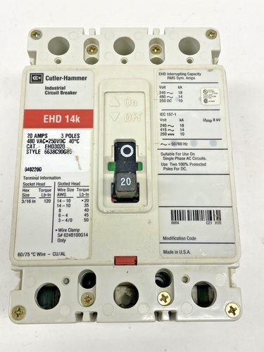 Cutler Hammer EHD3020 20 Amp 480 VAC 3 Pole 14kA Circuit Breaker | eBay
