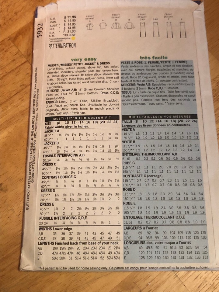 🌺 BUTTERICK #5932-LADIES TEA LENGTH-EMPIRE WAIST DRESS & JACKET PATTERN ...