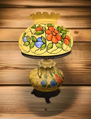 Vintage 23" Hurricane Tiffany Style Table Lamp Hand Painted Floral Gone ...