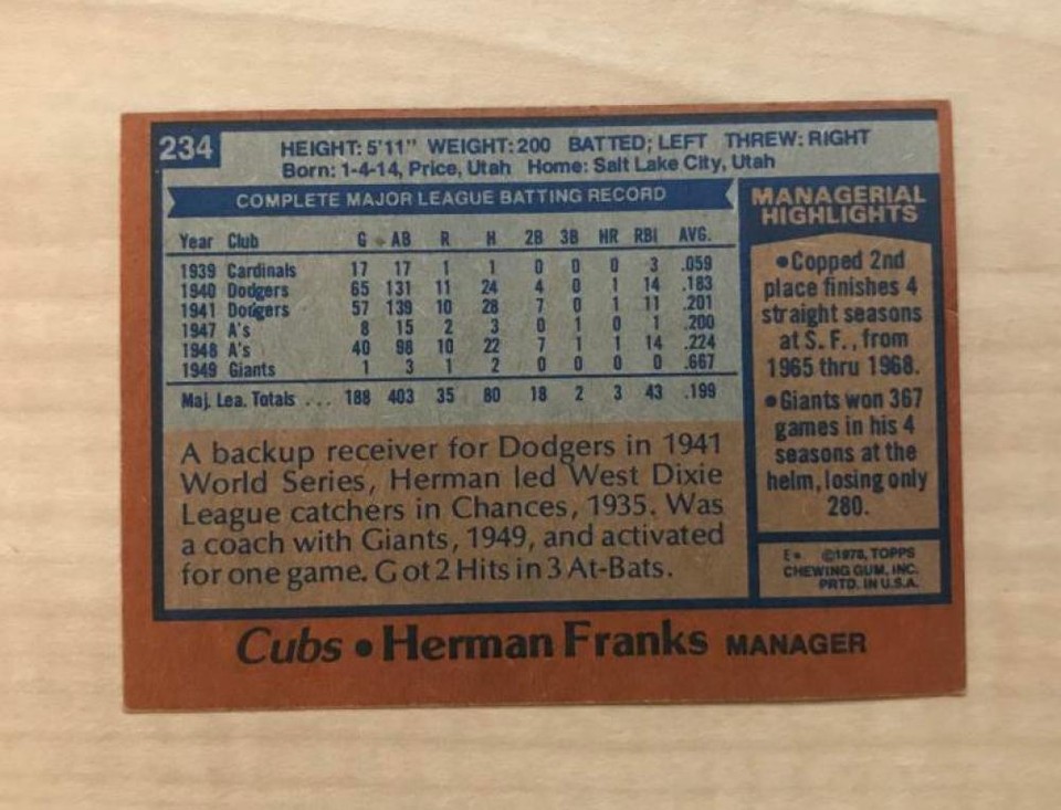HERMAN FRANKS CHICAGO CUBS SIGNED AUTOGRAPHED 1950 TOPPS CARD #234 W ...