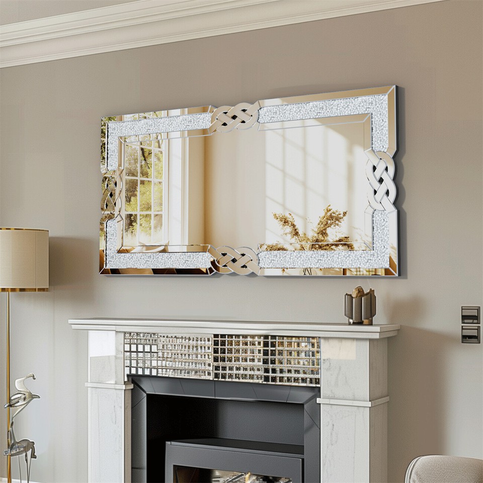 Large Crushed Diamond Wall Mirror Diamante Gems Crystal Sparkly Silver ...