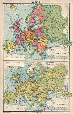 1931 MAP ~ EUROPE ~ POLITICAL & INDUSTIRAL DISTRICTS COALFIELDS ...