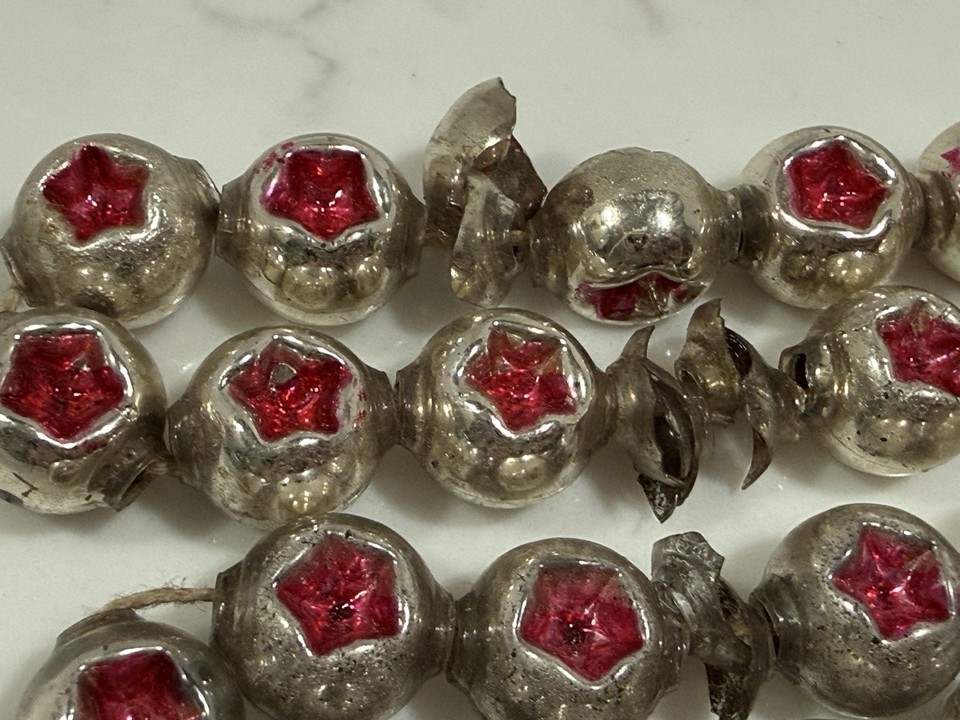 Antique German Glass Garland Silver Double Indent Beads 84” Feather ...