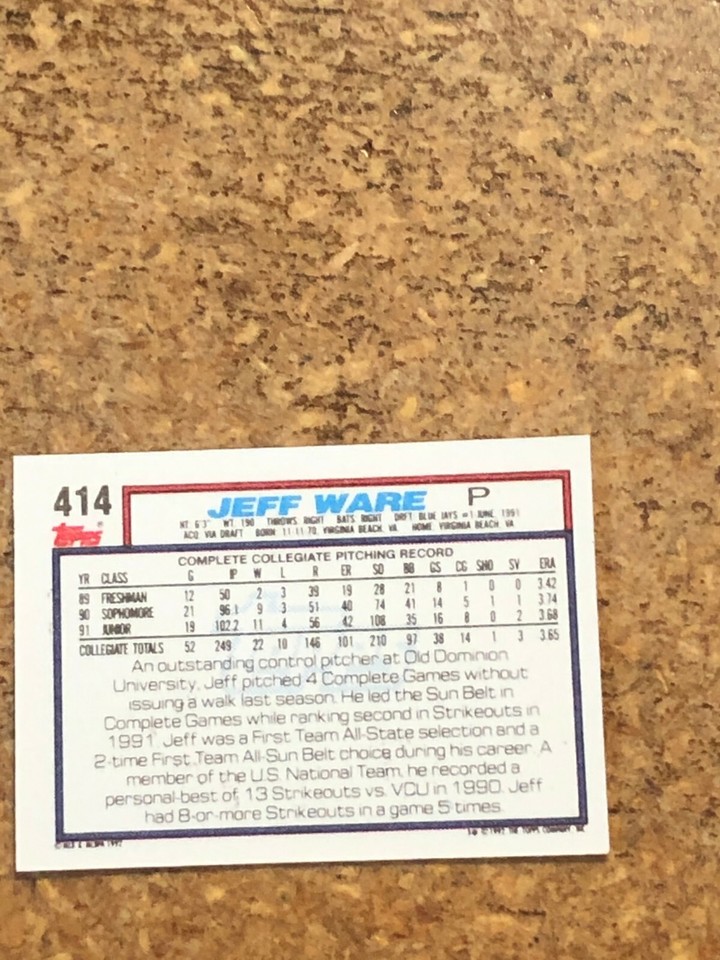 1992 Topps Micro Baseball # 414 Draft Pick Jeff Ware RC | eBay