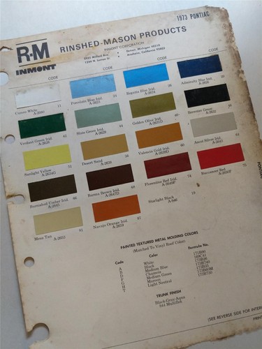 RM RINSHED MASON 1973 PONTIAC AUTOMOTIVE PAINT FINISH COLOR CHIP CHART ...