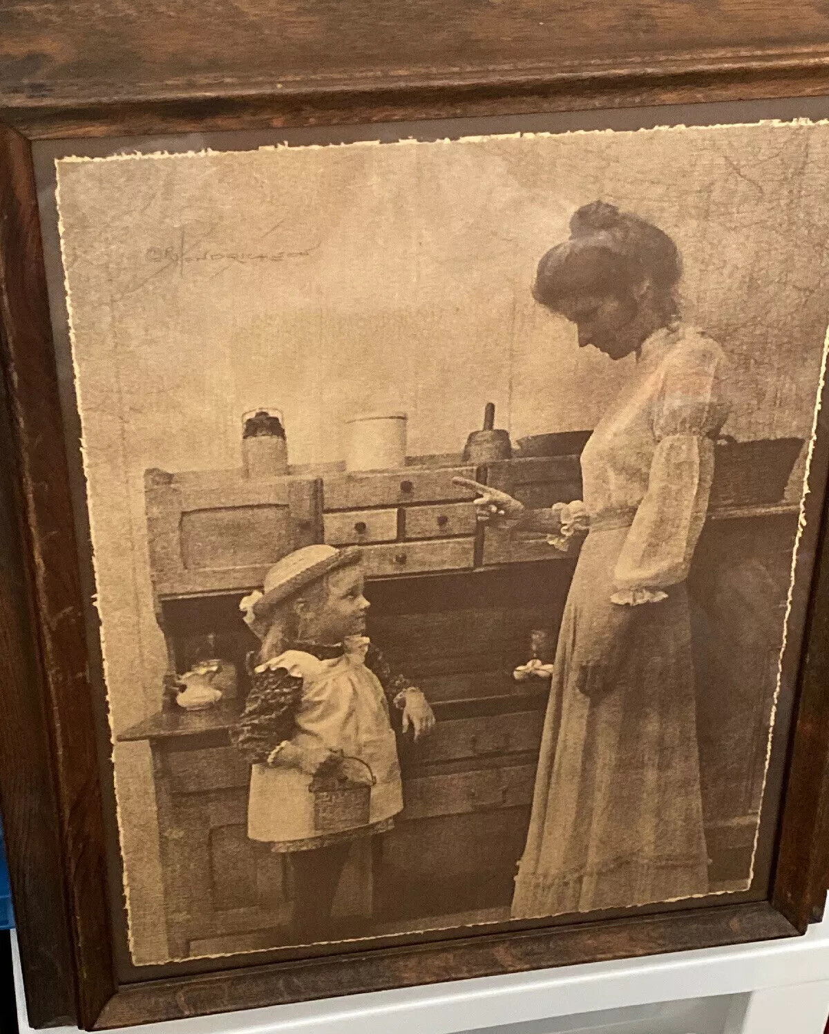 R Hendrickson Signed Vintage Sepia Art Print Wood Framed Woman Mom ...