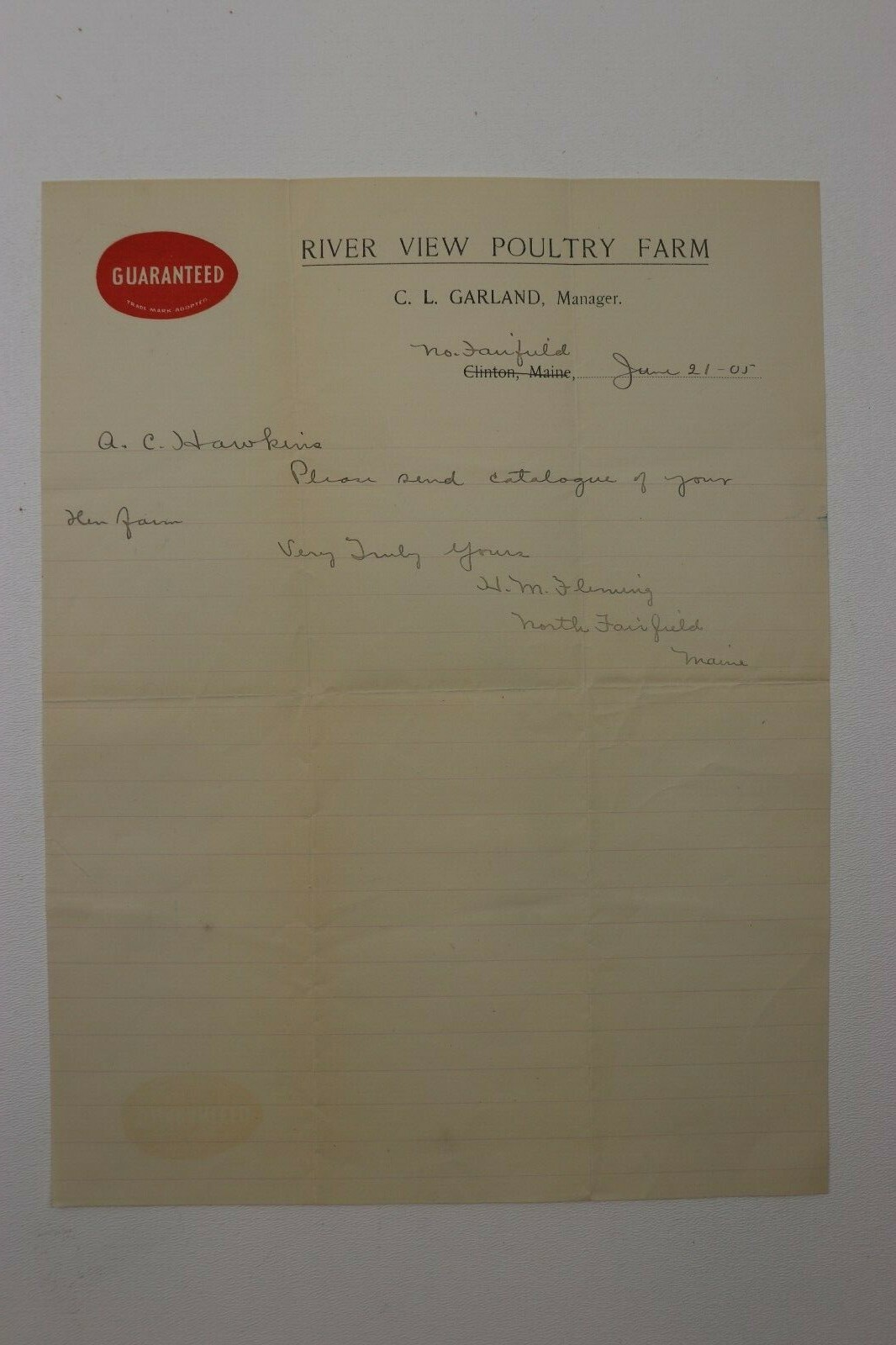 Vintage Guaranteed River View Poultry Farm Letterhead Fairfield ME 1905 ...