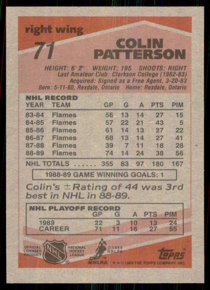 1989-90 TOPPS COLIN PATTERSON RC CALGARY FLAMES #71 | eBay