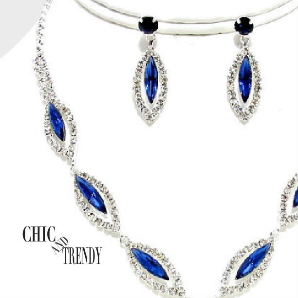 "3 PC" BLUE & CLEAR CRYSTAL PROM WEDDING BRIDAL FORMAL NECKLACE JEWELRY ...
