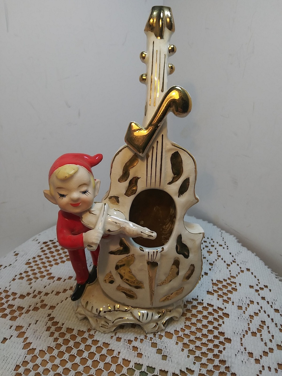 Vintage 1950's L & M Red Ceramic Christmas Elf Playing Violin With Gold ...