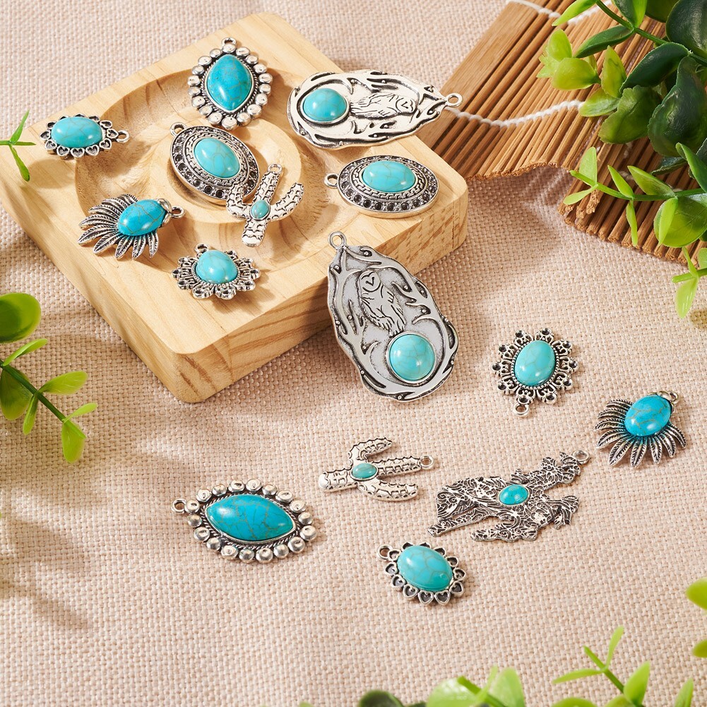 16 Synthetic Turquoise Half Round Oval Horse Heart Cactus Charms Alloy ...