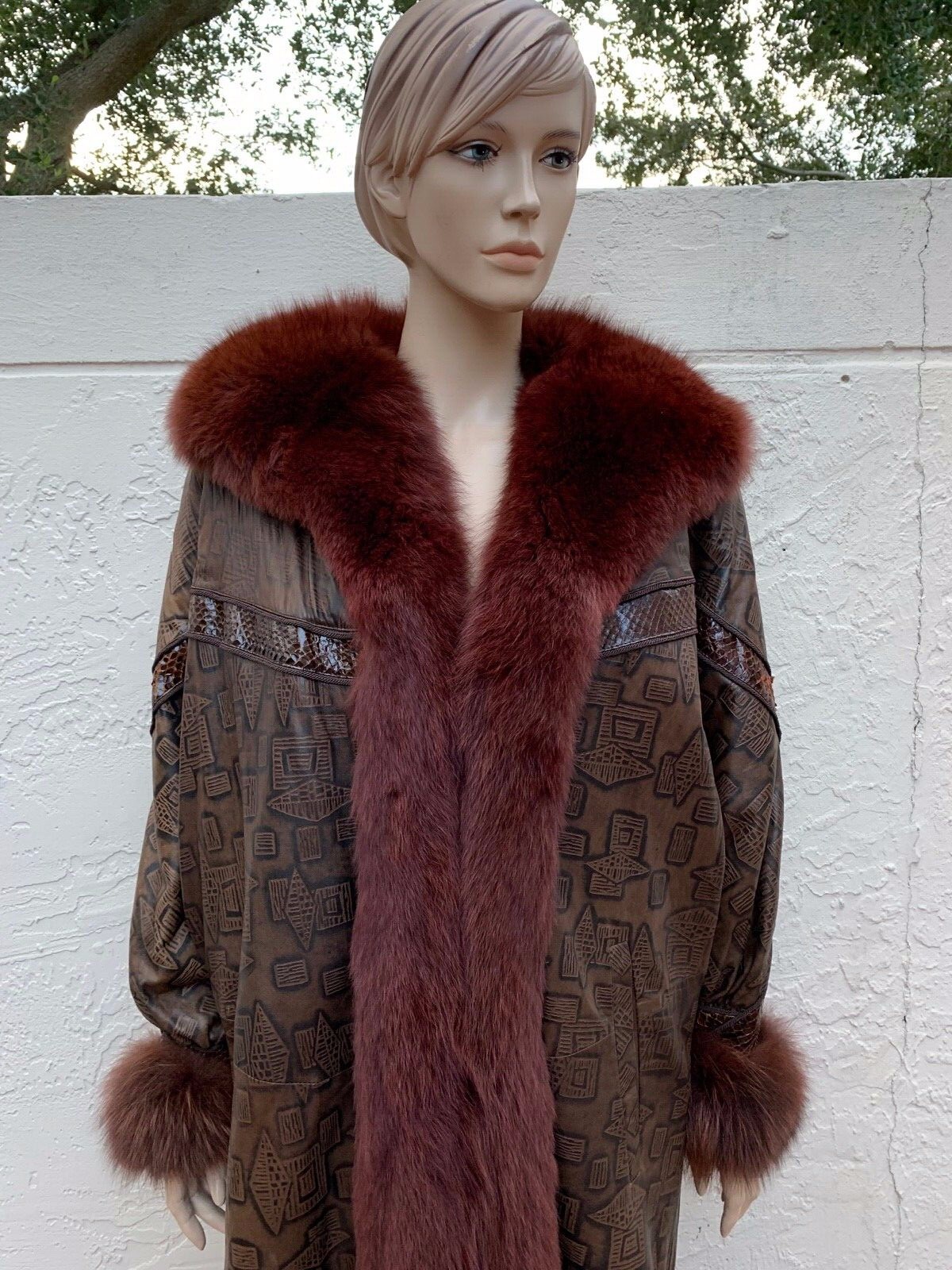 EXQUISITE LEATHER & SNAKE SKIN LONG VINTAGE COAT WITH FOX FUR TRIM BY ...