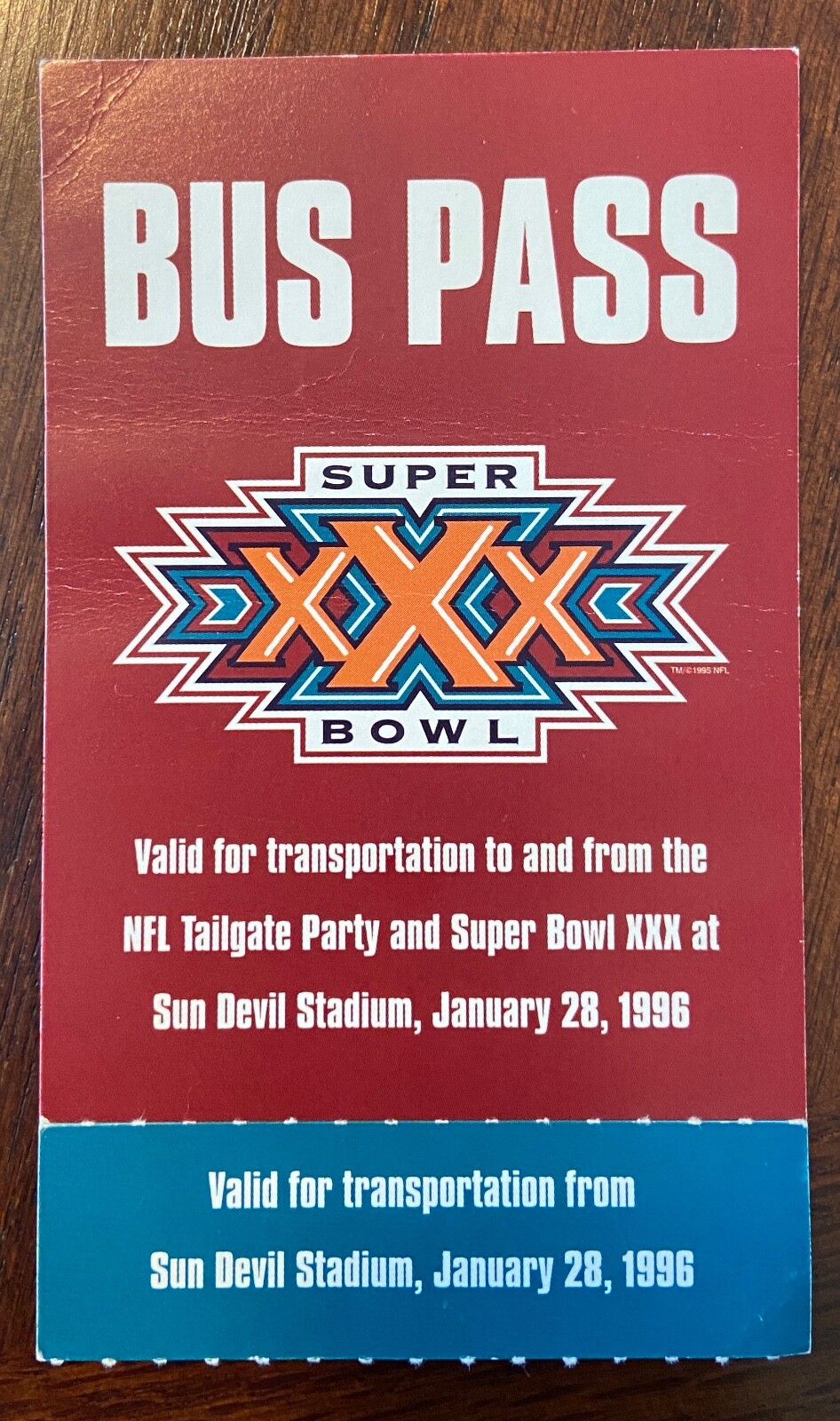 SUPER BOWL 30 BUS PASS ~ SUN DEVIL STADIUM TEMPE ~ COWBOYS vs STEELERS ...