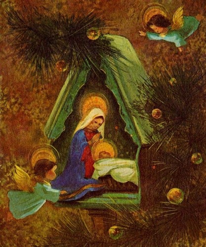 Vintage CHRISTMAS Nativity Creche Greeting CARD Angels Mary Jesus ...