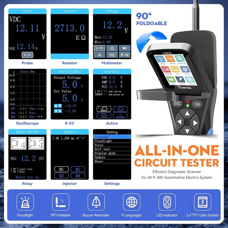 VDIAGTOOL V500 9-30V Automotive Power Circuit Probe Tester Multimeter ...