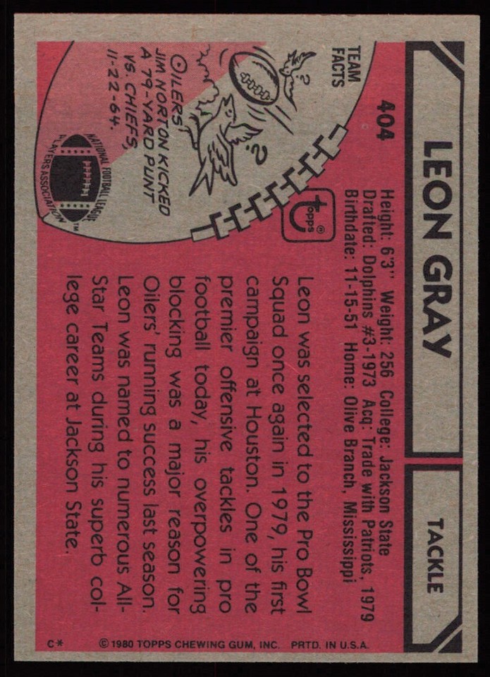 1980 Topps Leon Gray Houston Oilers #404 | eBay