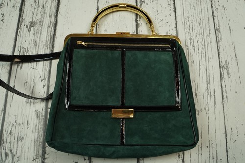 Balmain X H&M Handbag Green Suede Black Leather Gold Hardware Frame Bag ...