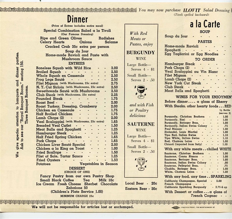 New Tivoli Restaurant Menu Grant Ave San Francisco California Cascades ...