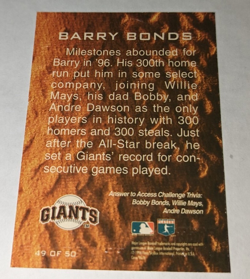1996 Circa Boss # 49 BARRY BONDS Insert Card SAN FRANCISCO GIANTS ...