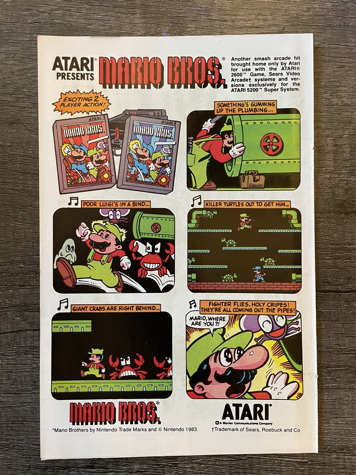 1983 MARIO BROS Atari VIDEO GAME PROMO ART Full Back Page Comic Book AD ...