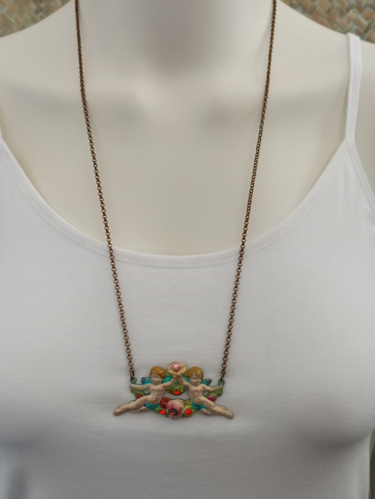 Michal Negrin Necklace Long Angels Roses Colorful Enamel Crystals ...