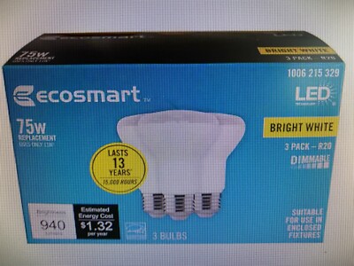 3 Pack/ EcoSmart 75W R20 Dimmable ENERGY STAR LED Light Bulb Bright ...