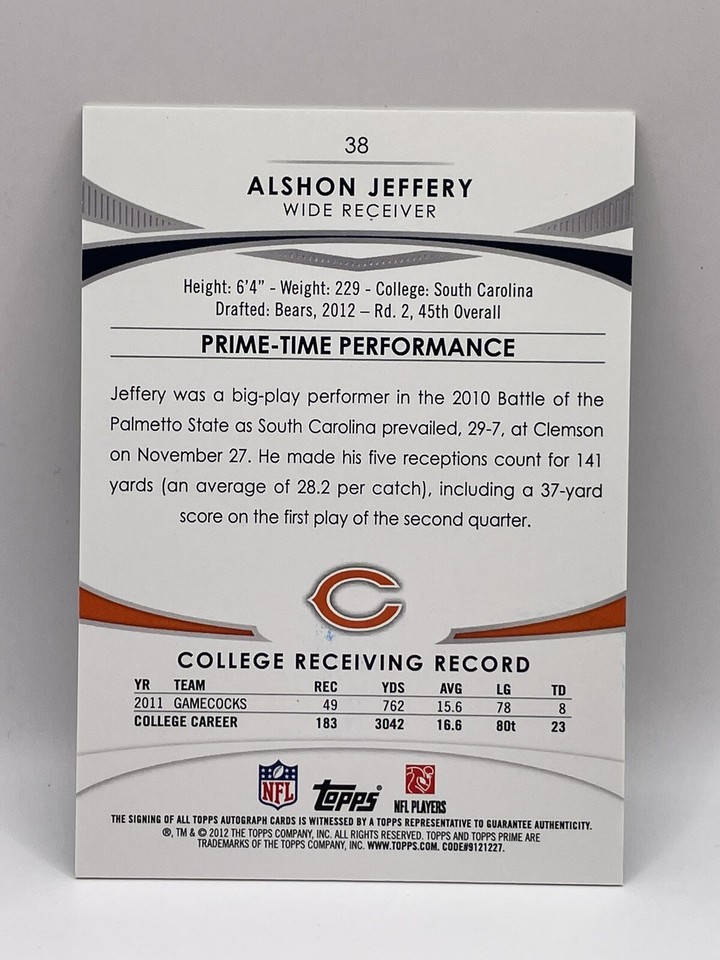 2012 Topps Prime Alshon Jeffery Autograph Rookie Auto RC /286 | eBay