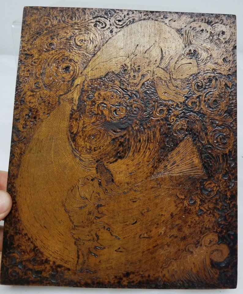 Antique Pyrography Signed Japanese Aesthetic Painting Demon Oni Wood ...