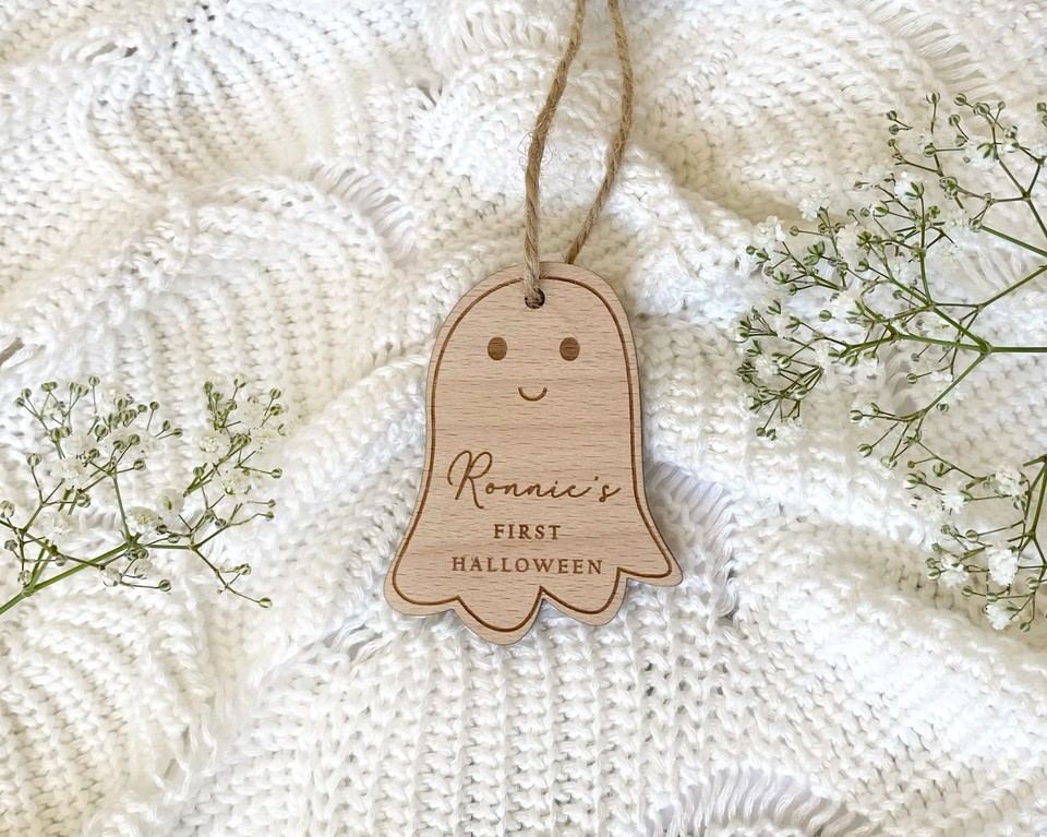 Personalised Engraved Halloween Ghost Name Tag | Baby's First Halloween ...
