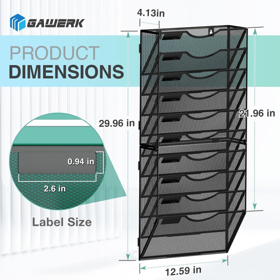 10-Tier Wall File Organizer Hanging Wall File Holder Wall Mount Paper ...