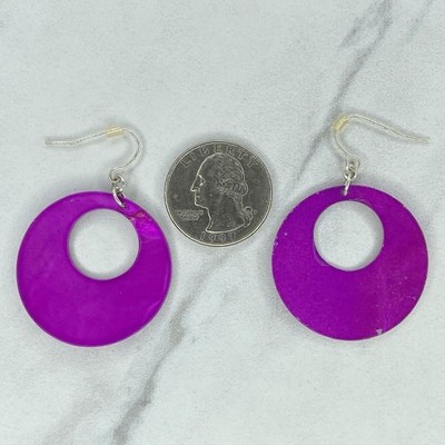 Purple Mother of Pearl Shell Dangle Silver Tone Earrings Pierced Pair ...