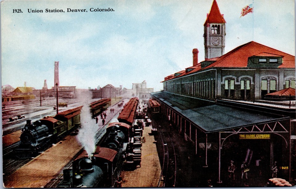 Union Station Denver Colorado Postcard #1925 Locomotive Bird Eyes-View ...