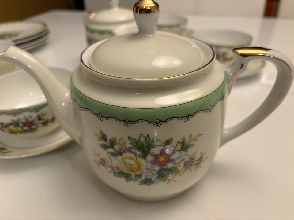 NORITAKE TEA SET- 17 PCS VINTAGE Mint Green/Floral- “M”- Hand Painted ...