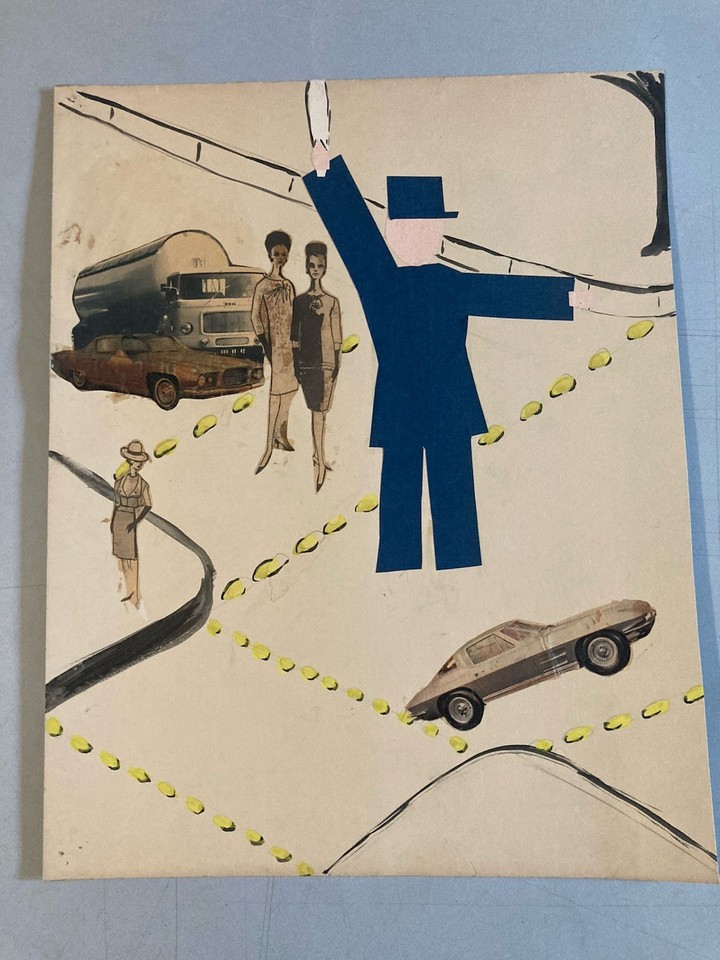 Very Nice Art Collage 1950 Cop Car Police 20th Antique Painting Drawing ...