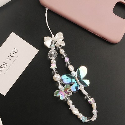 Butterfly Pearl Acrylic Beaded Mobile Phone Chain Strap Girls Phone ...