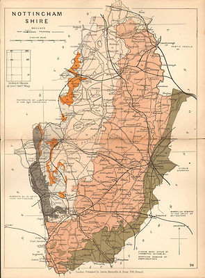 1889 HAND COLOURED GEOLOGICAL MAP ~ NOTTINGHAMSHIRE GEOLOGY SANDSTONE ...