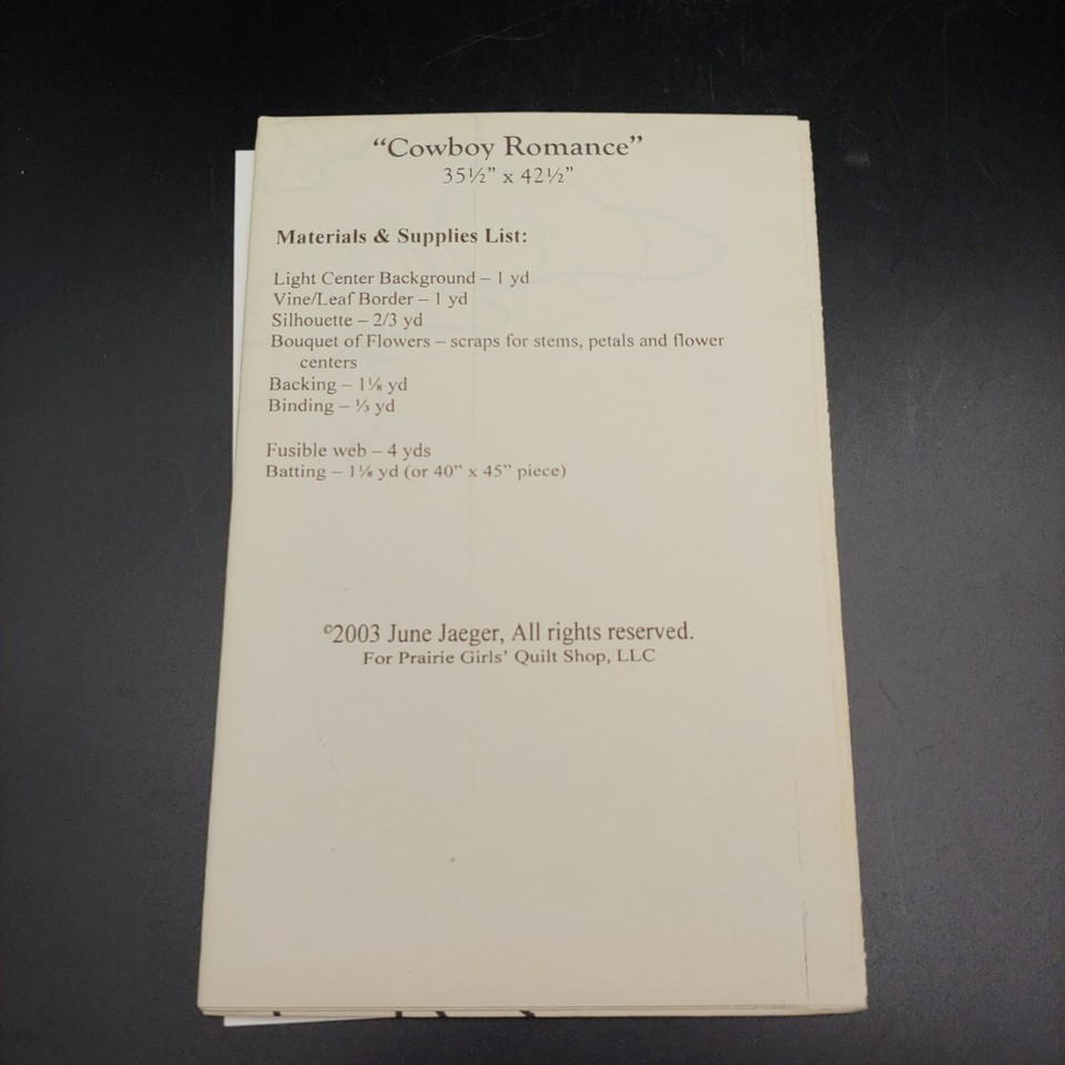 Prairie Girl's Cowboy Romance Applique Quilt Pattern - 35x42 June ...