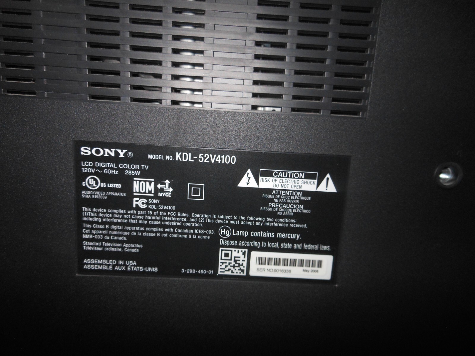 Preowned SONY BRAVIA 52 in LCD TV 1080P KDL-52V4100 w/ Remote Made in ...