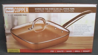 PARINI COPPER 9.5" SQUARE PAN W LID CERAMIC NON-STICK COATING Frying ...