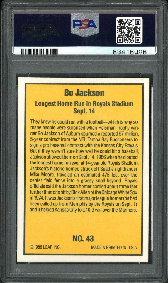 1986 Donruss Highlights Bo Jackson #43 Signed ROOKIE RC PSA 10 AUTO 10 ...