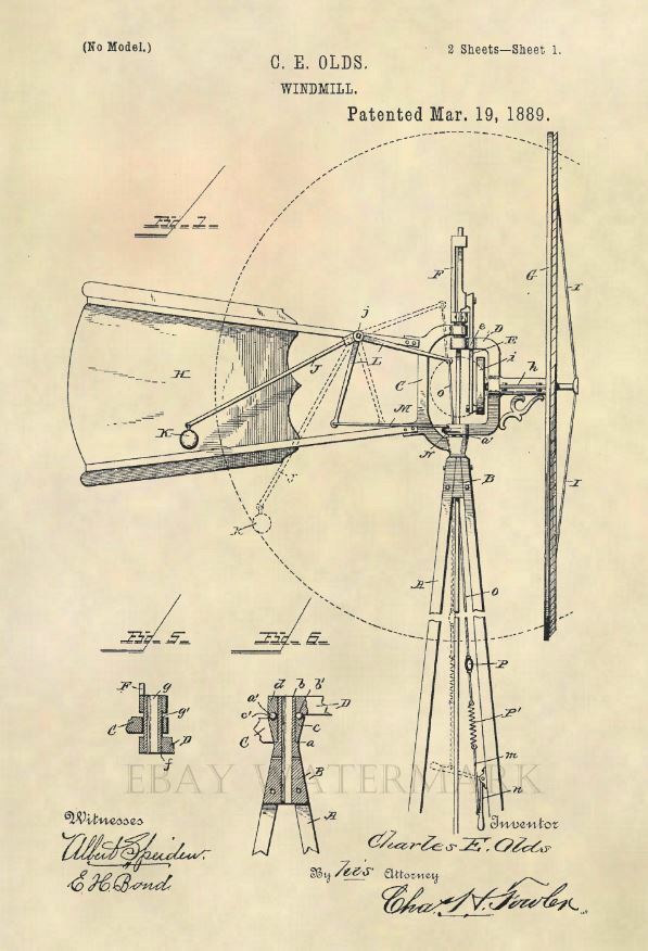 Official Windmill US Patent Art Print - 1889 Vintage Antique Country ...