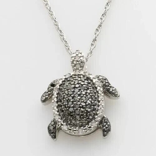 1.50 Ct Lab Created Black Diamond Turtle Pendant Necklace 14K White ...