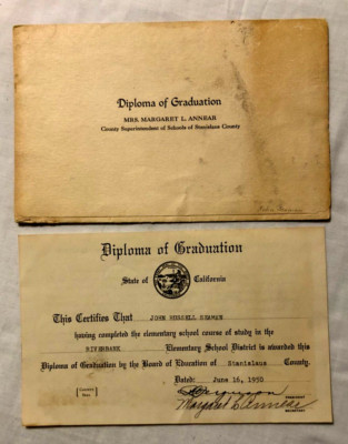 Vintage 1950 Riverbank Elementary School Diploma & Envelope ...