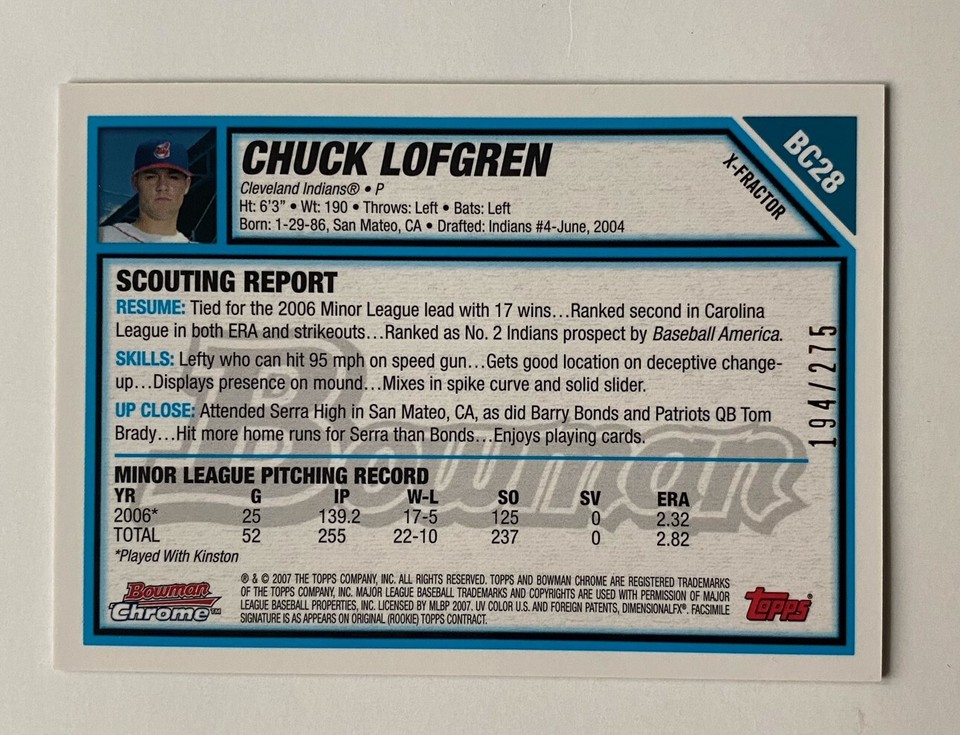 2007 Bowman Chrome Prospects X-Fractor /275 Chuck Lofgren #BC28 | eBay