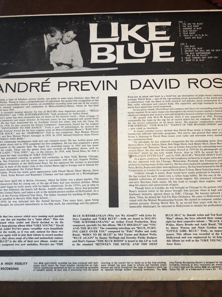 ANDRE PREVIN & DAVID ROSE LIKE BLUE vinyl record 1960 MGM YOU AND THE ...