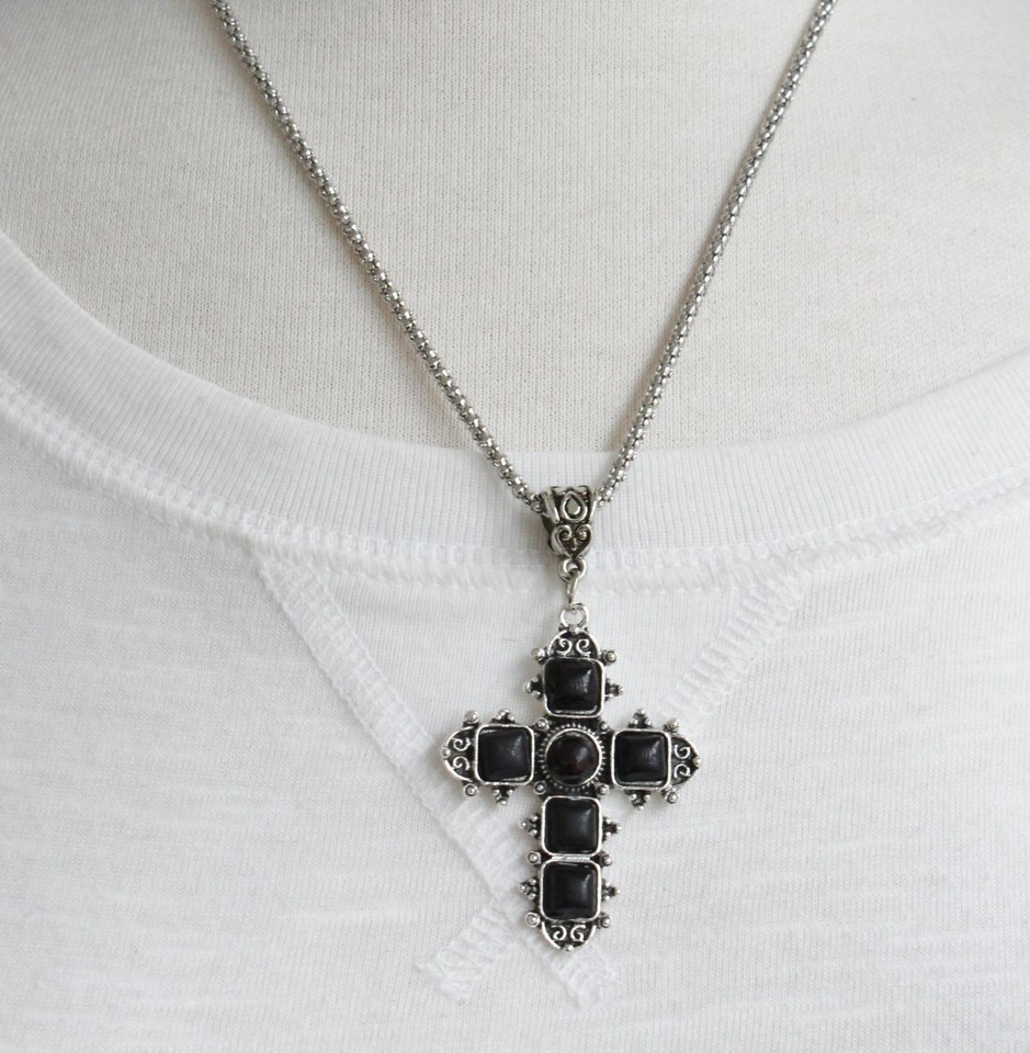Silver Black cross necklace cross pendant silver chain 18-21" long ...