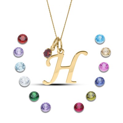 💖9ct Gold Initial Alphabet Pendant Letter & Birthstone Necklace Gift ...