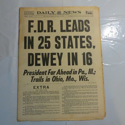 Daily News 1944 November 8 FDR Leads in 26 States Elections Dewey TL | eBay