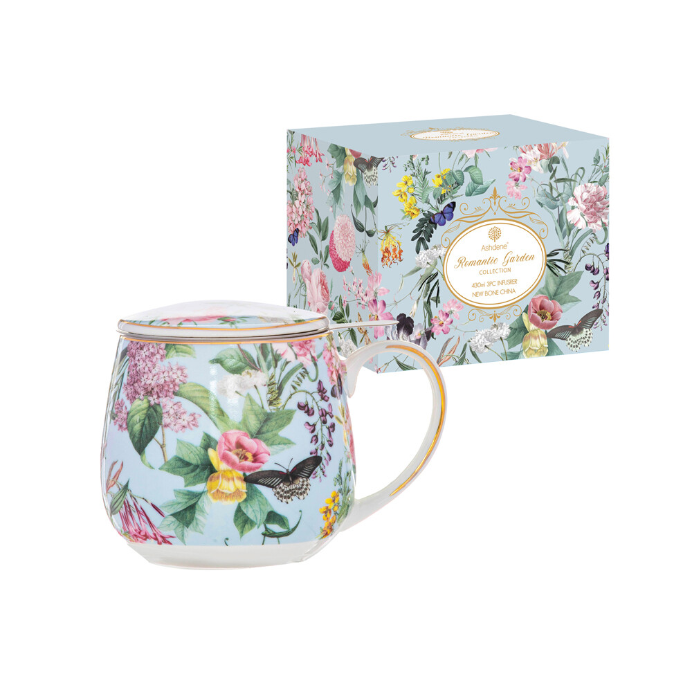 3pc Ashdene Romantic Garden Tea Mug New Bone China w/Lid/Stainless ...